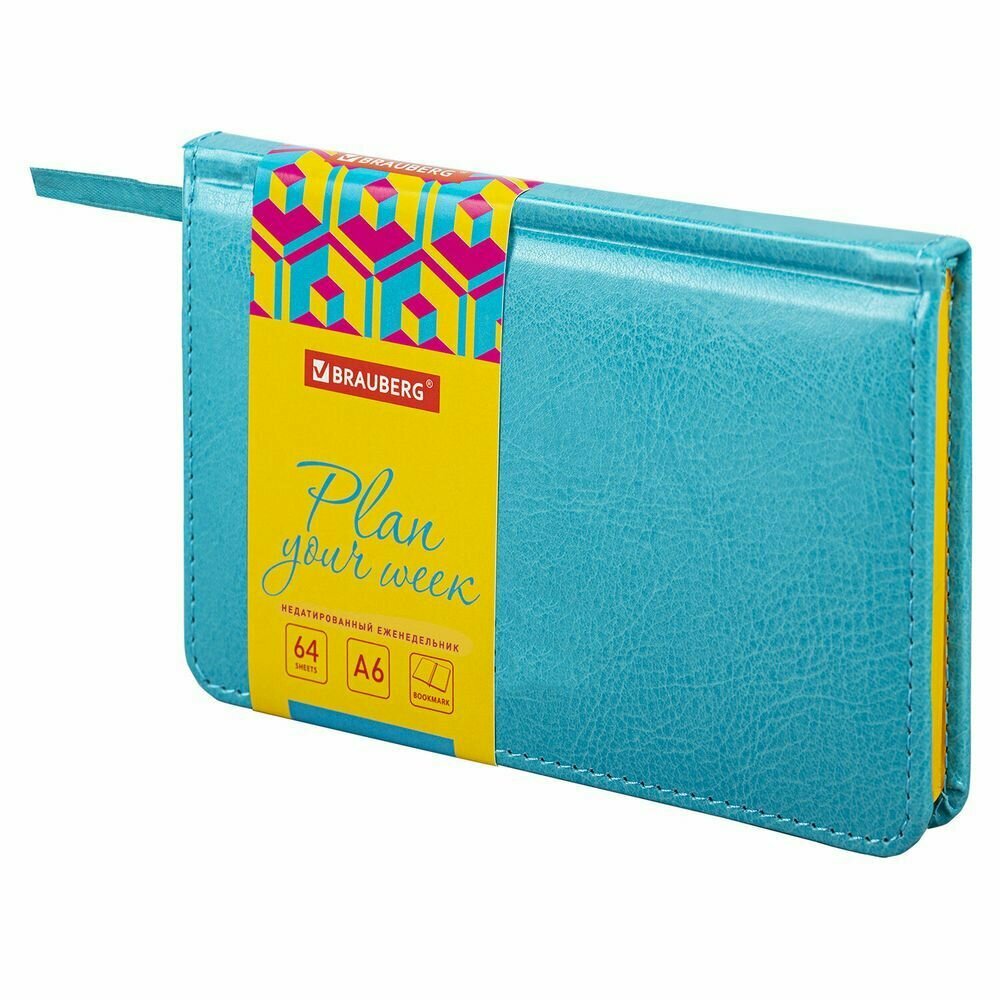 Еженедельник недатированный малый формат 95х155 мм А6 BRAUBERG "Rainbow", под кожу, 64 л, бирюзовый