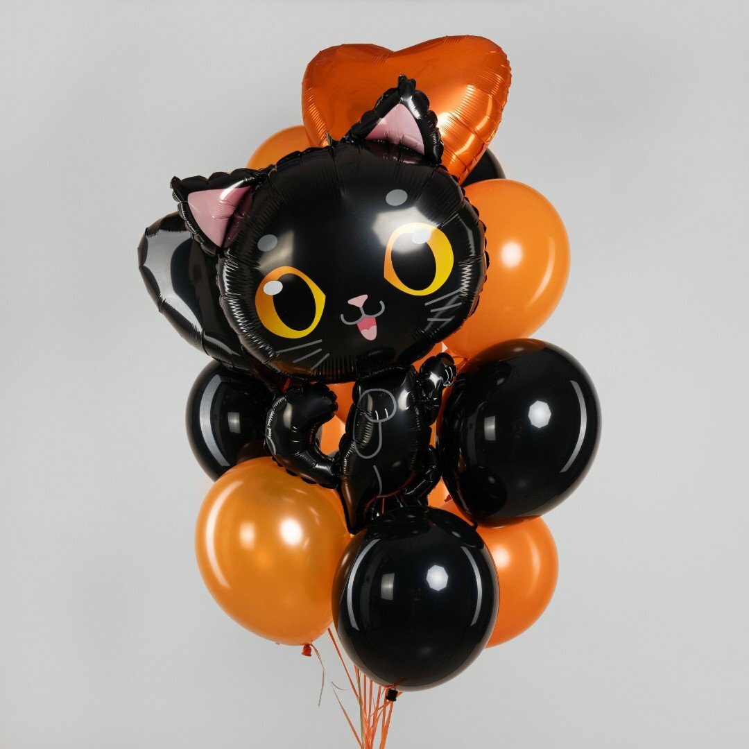 Связка шариков на Хеллоуин с черным котенком