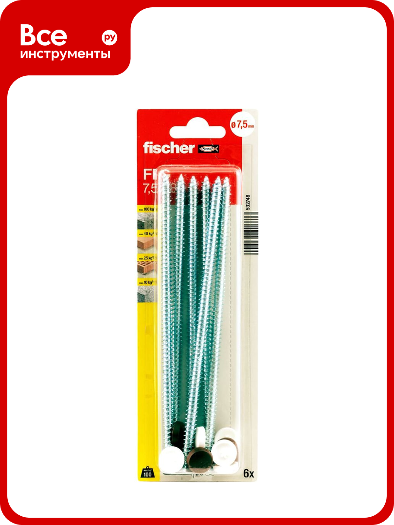 Шуруп для крепления рам fischer FFS 7,5x182 K_6 шт. 5x182, для установки деревянных оконных рам без дюбелей