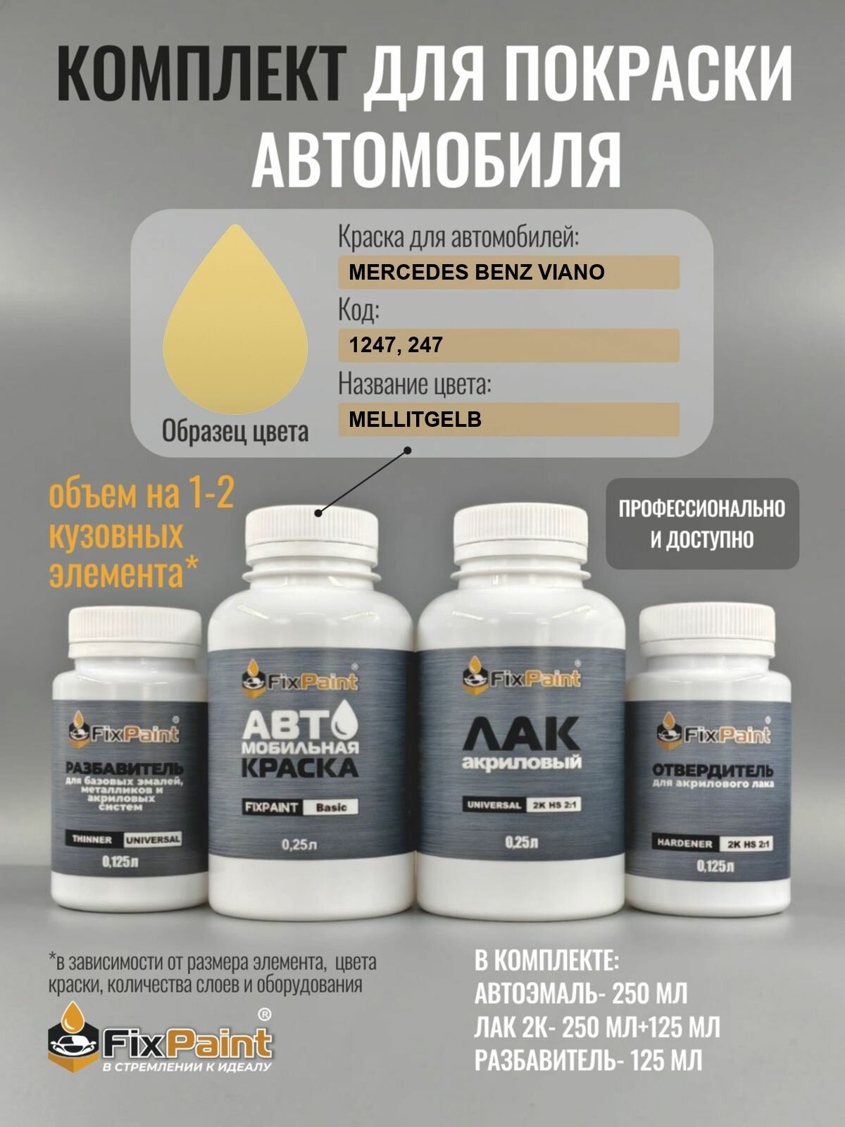 Комплект для покраски MERCEDES BENZ VIANO, код 1247, 247, MELLITGELB, базовая автомобильная краска 250 мл, лак 2K 250 мл с отвердителем, разбавитель 125 мл, FixPaint Pro