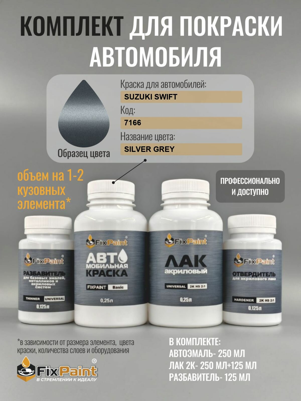 Комплект для покраски SUZUKI SWIFT, код 7166, SILVER GREY, базовая автомобильная краска 250 мл, лак 2K 250 мл с отвердителем, разбавитель 125 мл, FixPaint Pro
