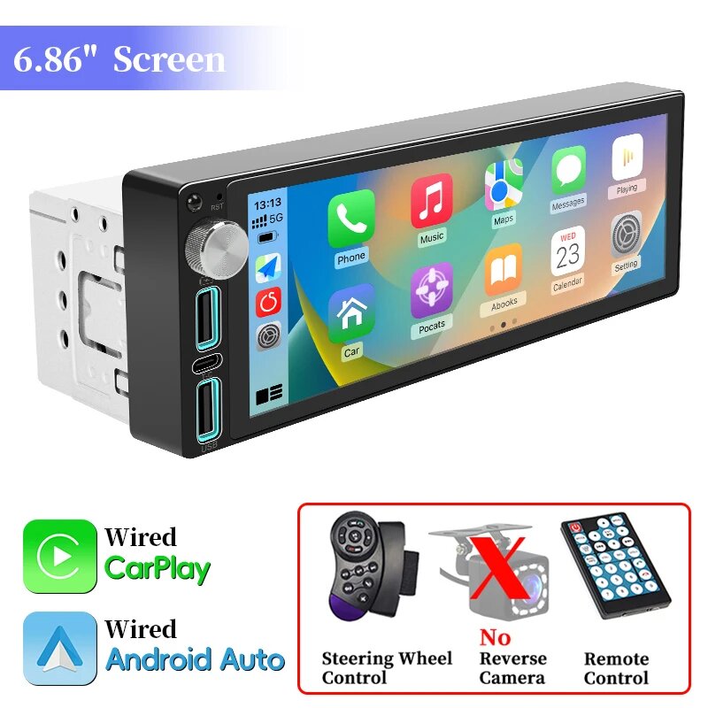 Автомагнитола Hippcron 1DIN С Carplay, Android, Bluetooth 5.0, 6.86-дюймовым IPS-экраном, With SWC