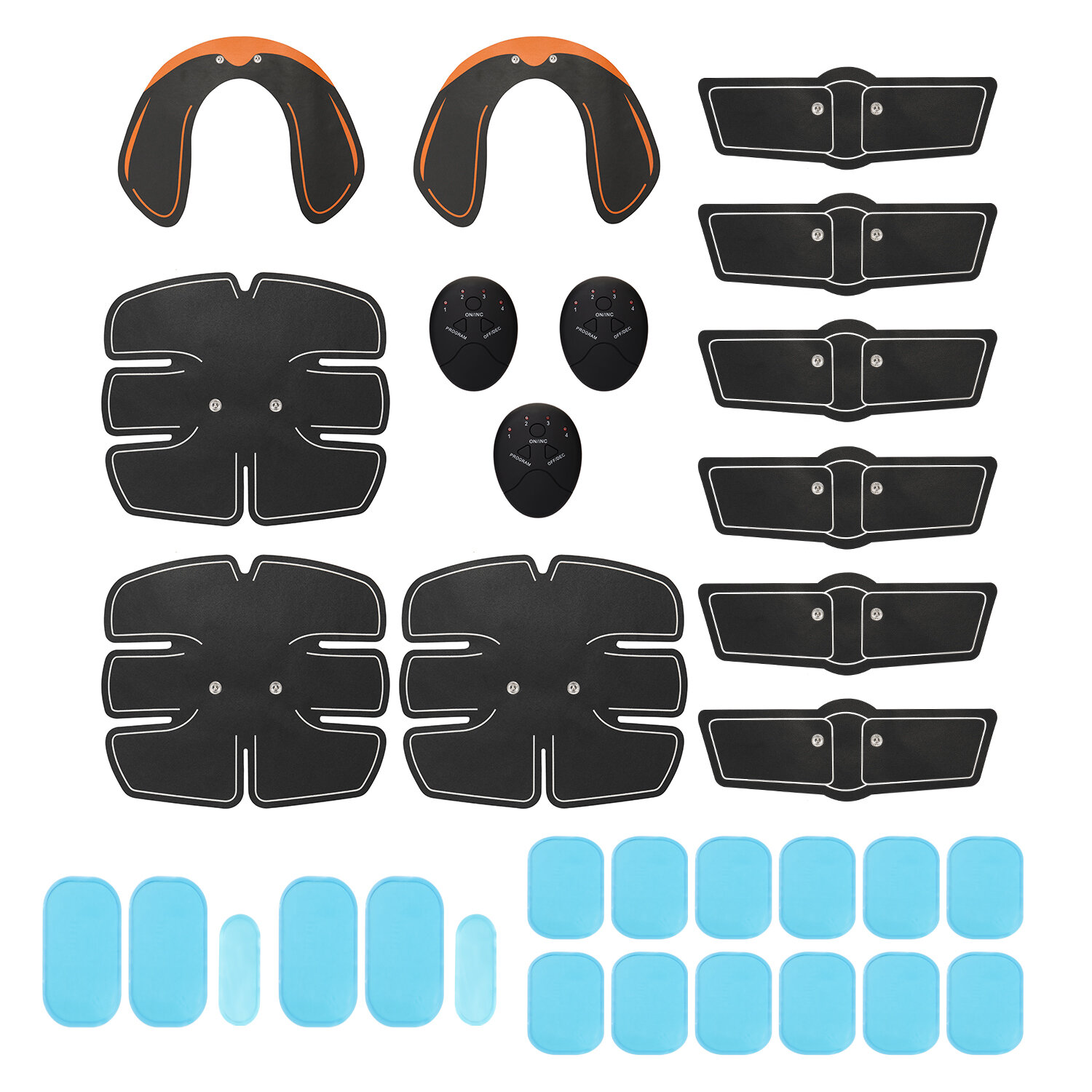 32pcs Набор тренажеров для мышц EMS Ultimate Muscle Stimulator Hip Trainer для фитнеса, черный, материал наклейки PU кожа, контроллер из резины, источник питания 2*AAA батарейки (не в комплекте), частота 1-100Hz, режимы A-F (6 режимов), размеры наклейки