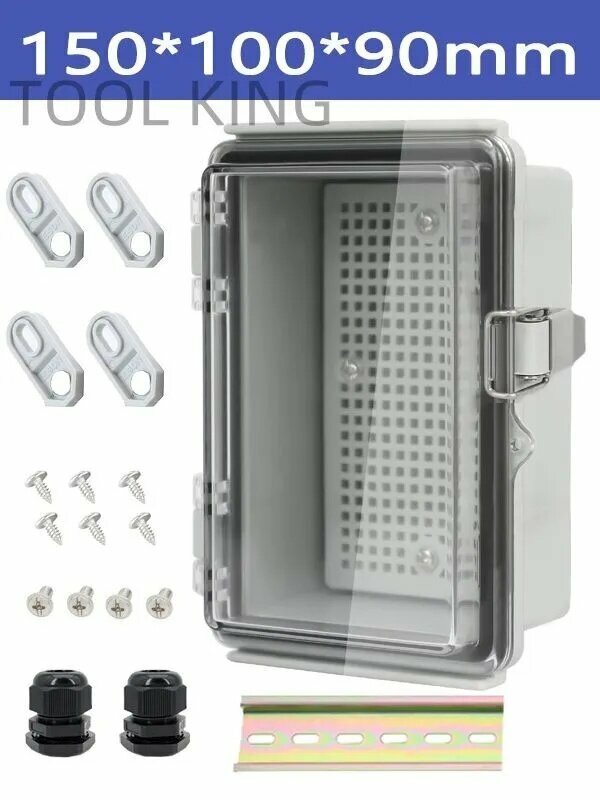 ABS Электрическая коробка, Водонепроницаемая прозрачная крышка IP67, Распределительная коробка с защелкой из нержавеющей стали, Настенные кронштейны, Кабельные вводы, Направляющий брус,150x100x90 мм