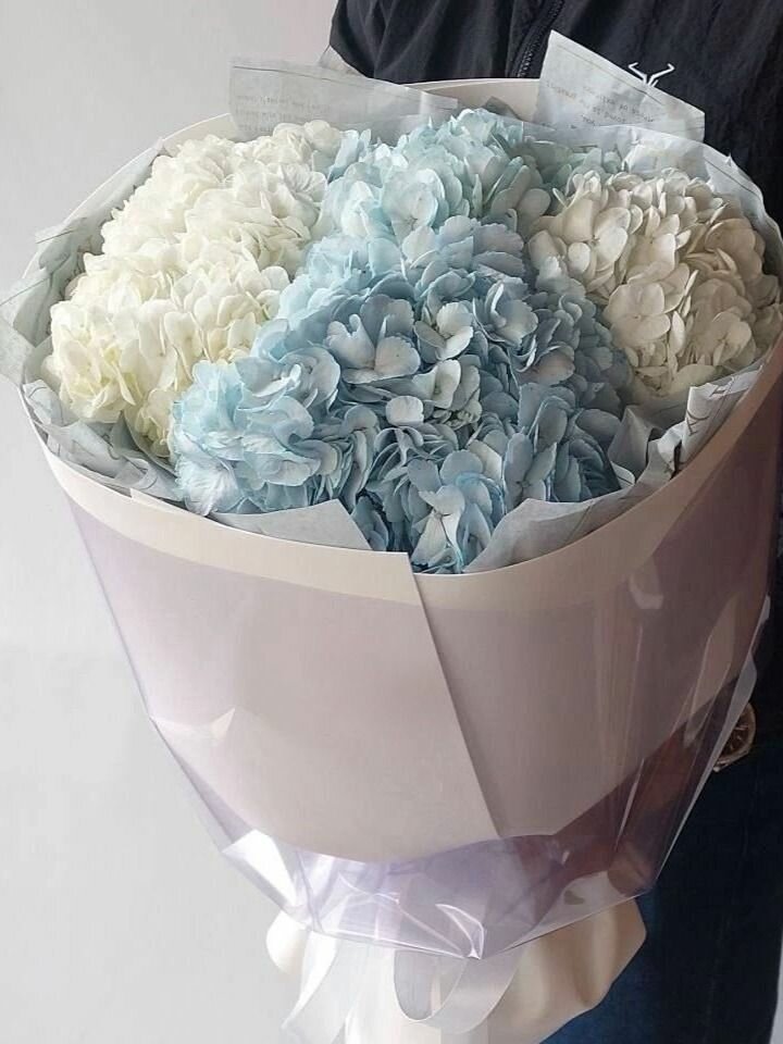 Цветы живые букет из белой и голубой гортензии "Небесная акварель" Flor2u