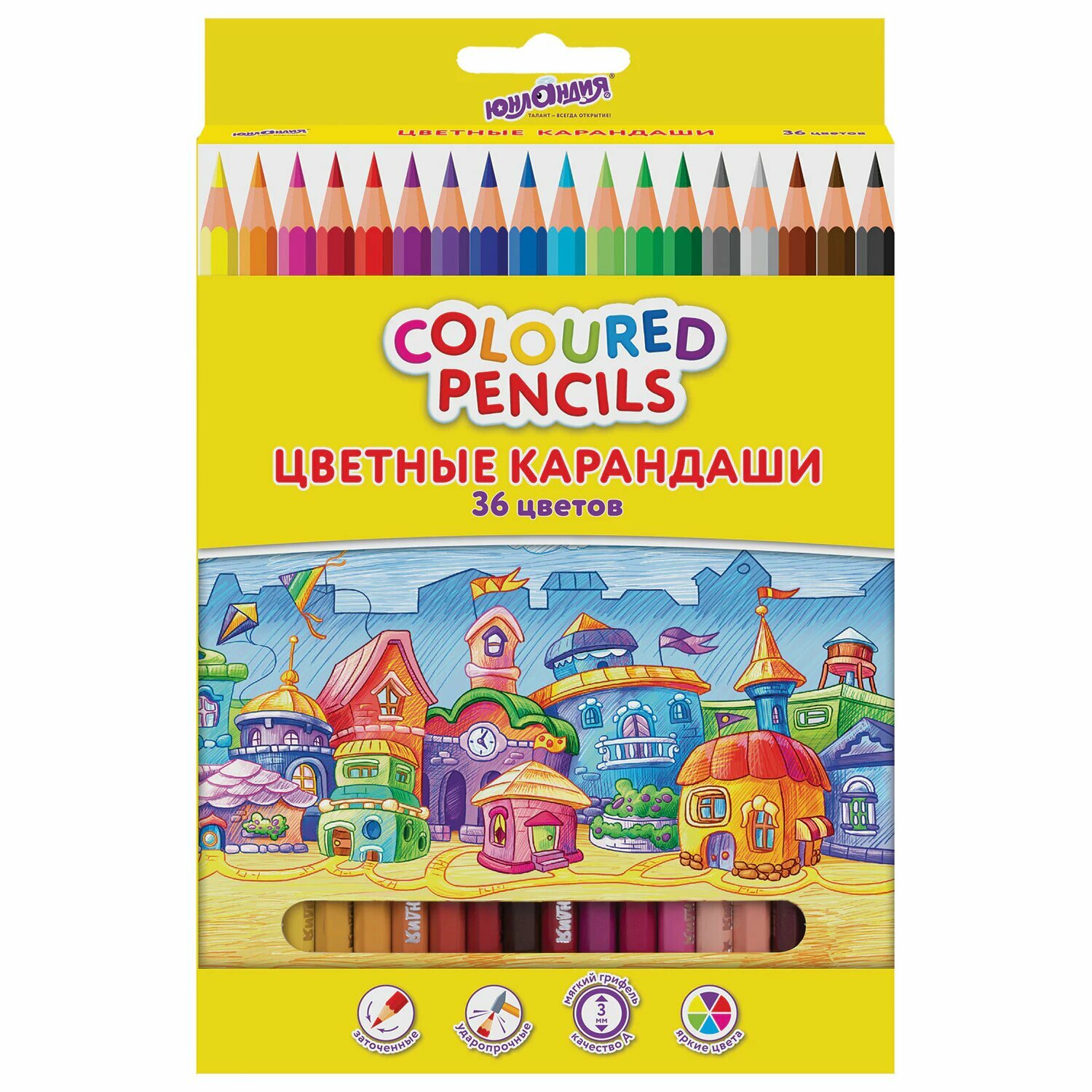Карандаши цветные юнландия "домики", 36 цветов, шестигранные, грифель 3 мм, 181839