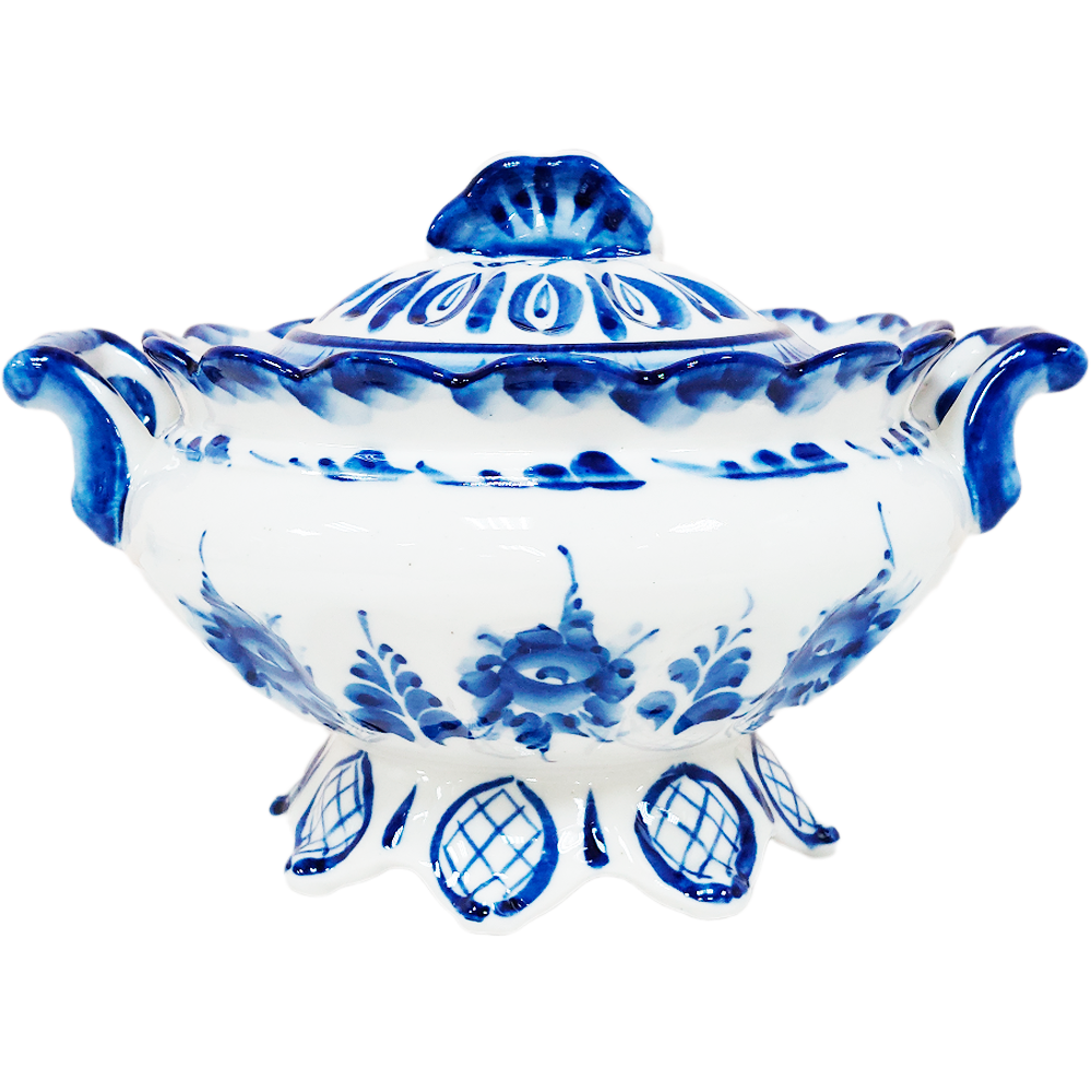 Фарфоровая сахарница с крышкой ручной работы "Ирина", гжель