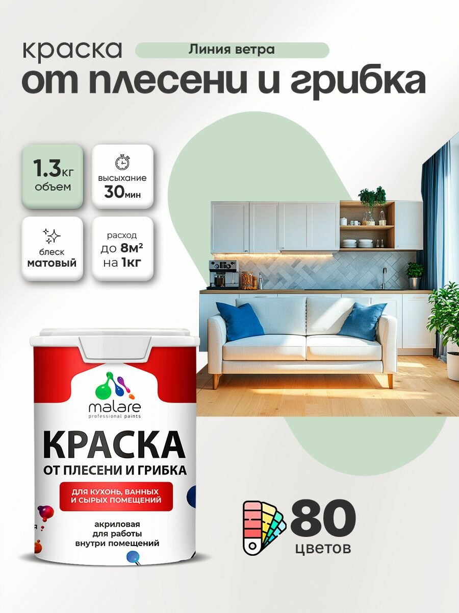 Краска Malare Professional от плесени и грибка, для кухни, ванных комнат и сырых помещений, без запаха матовая, линия ветра, (1л - 1.3кг)
