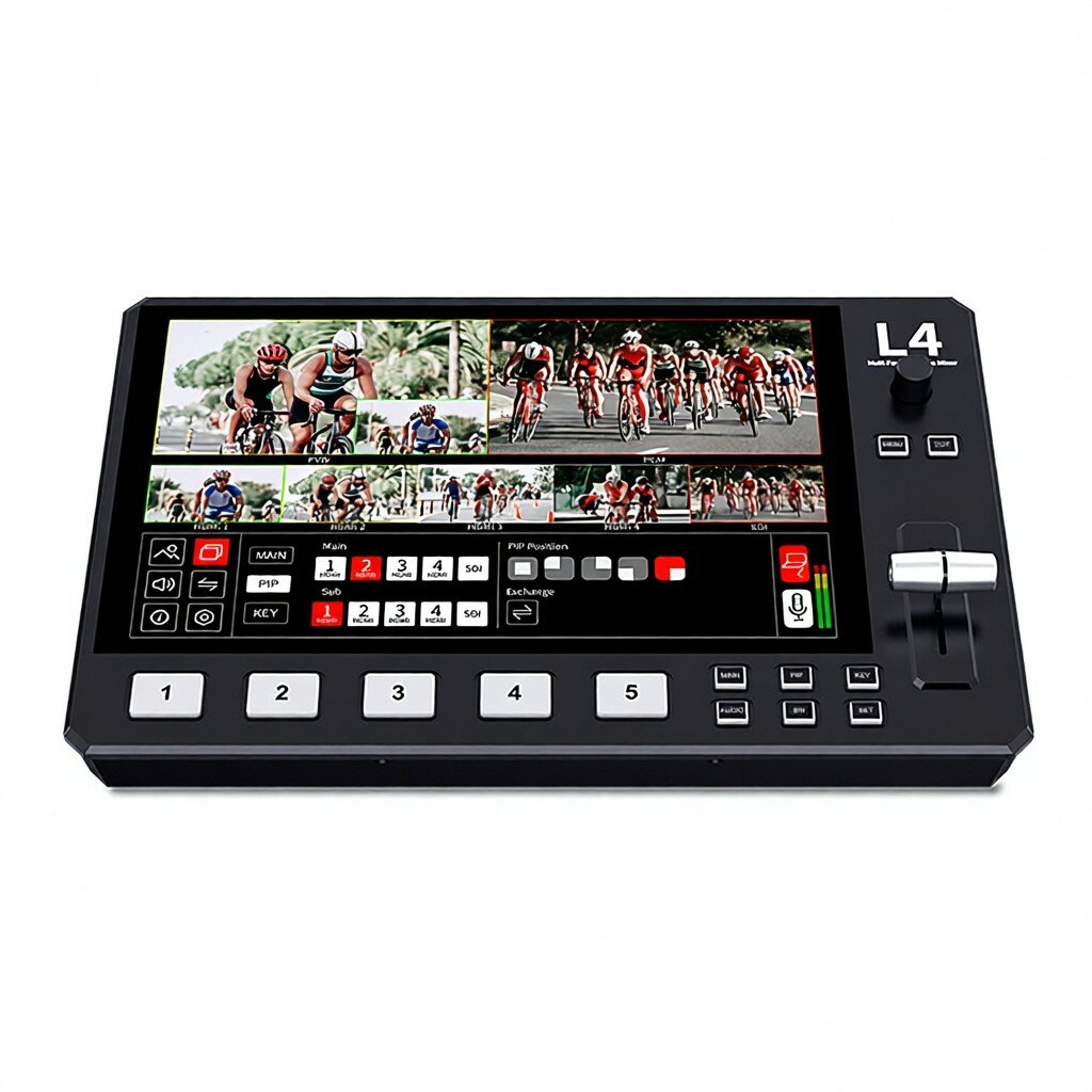 L4 Мультиформатный Видеомикшер Свичер с 10.1-дюймовым сенсорным экраном и встроенным охладителем, 4 x HDMI Вход + 1 x USB3.0 Выход для Лайв-стрима, Эспорта, Конкурсов, Интервью, Обучения