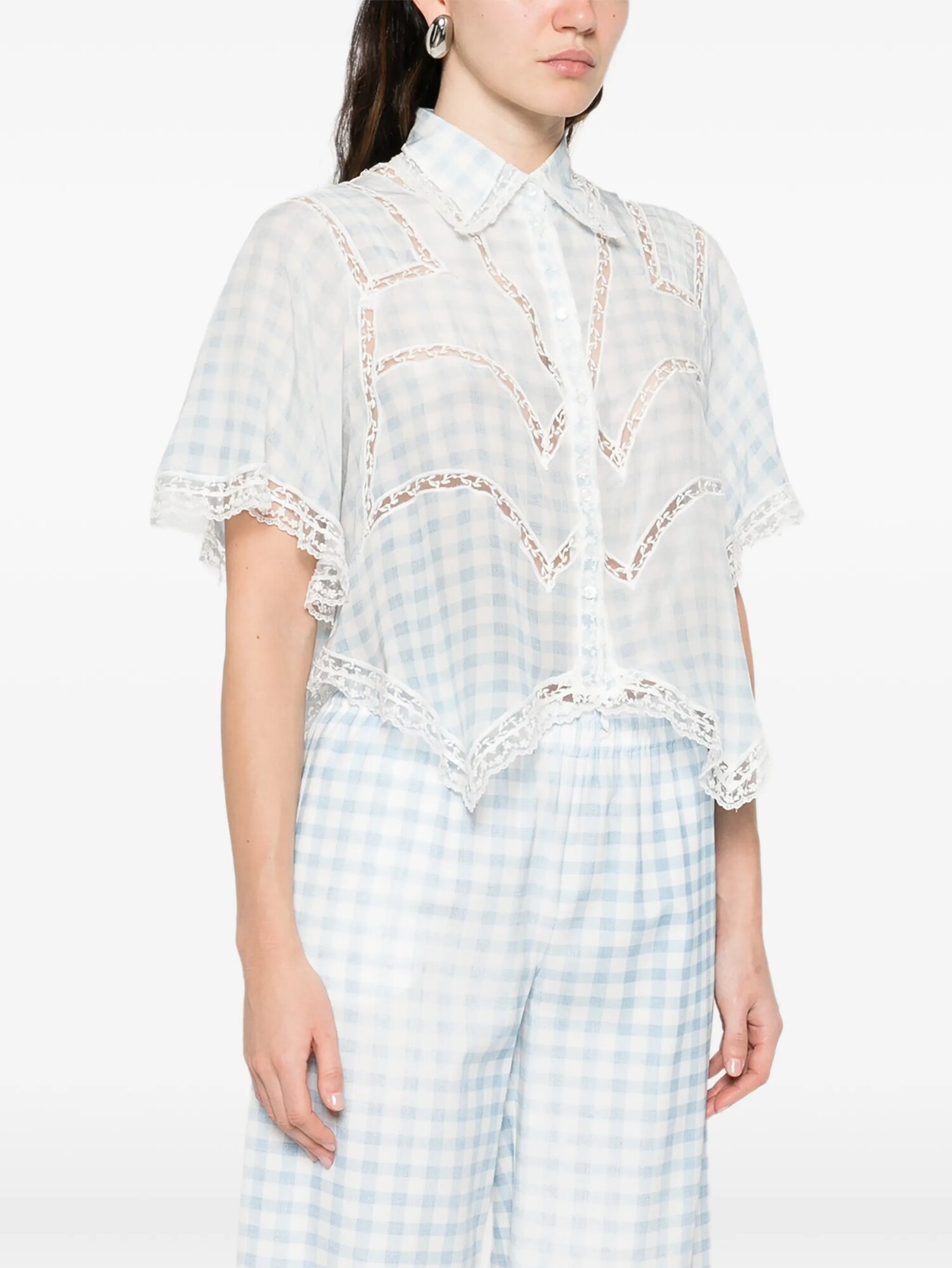 Рубашка Ermanno Scervino Check-pattern lace-trim shirt, размер 40, бежевый/белый — фото 1