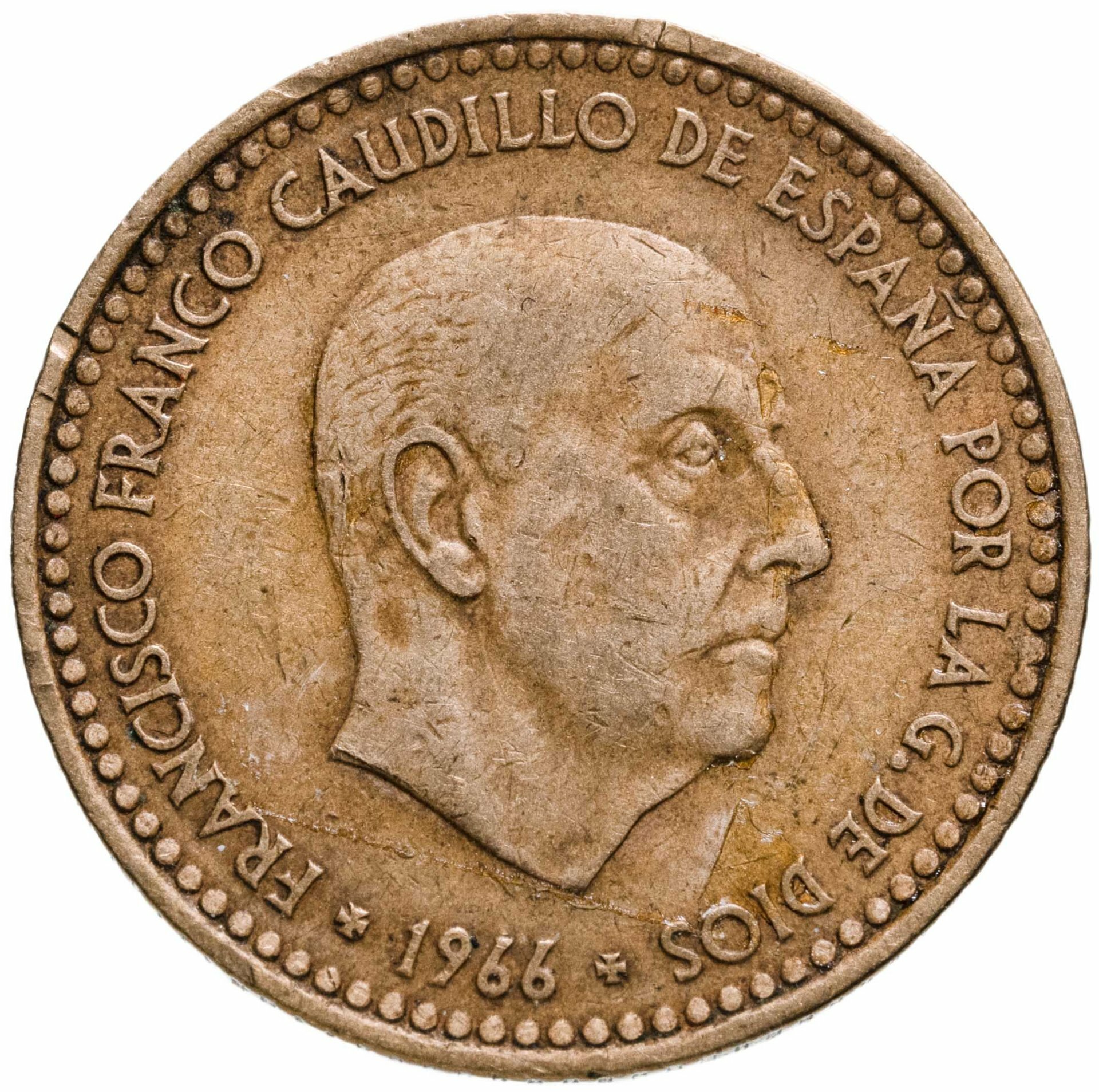 Испания 1 песета peseta 1966, Бронза, в сохранности VF