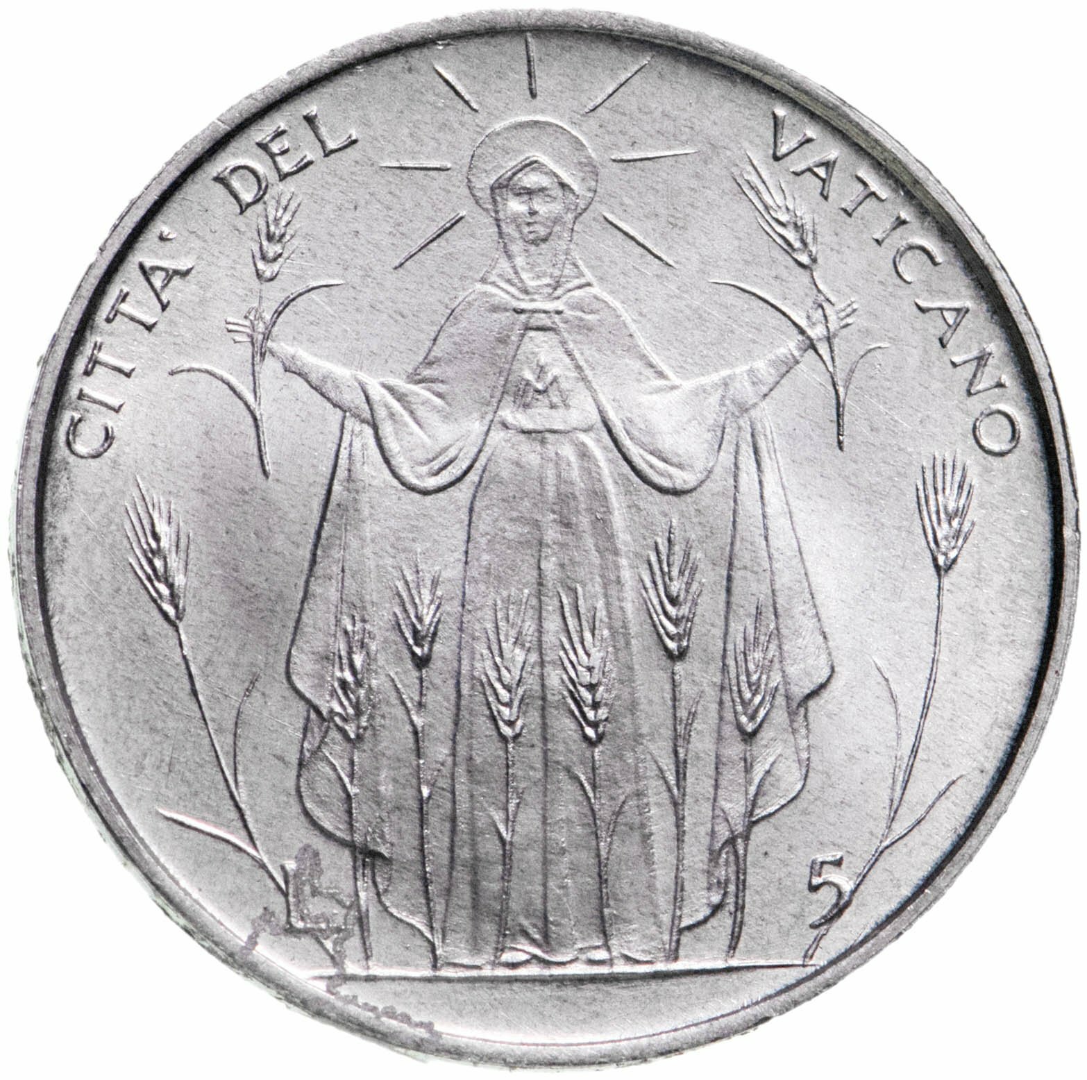 Ватикан 5 лир 1968, Алюминий, в сохранности UNC