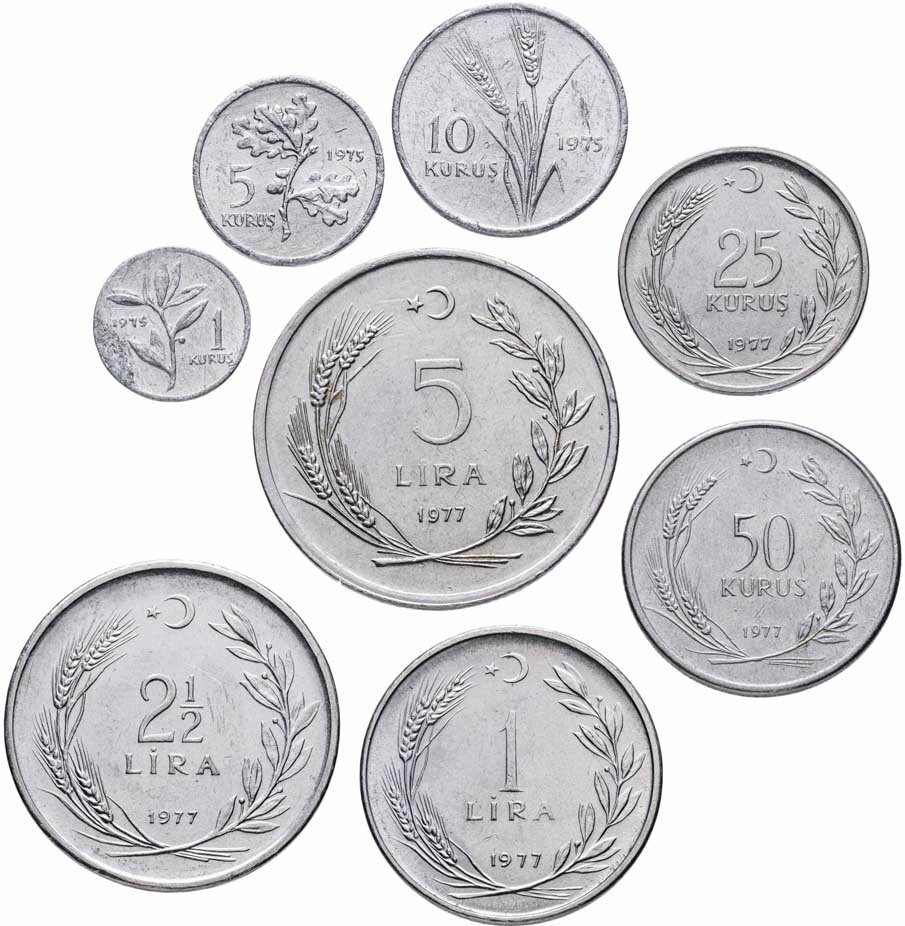 Турция полный номинальный ряд монет для обращения 1975-1977 8 штук, Алюминий, Нержавеющая сталь, в сохранности VF-AU