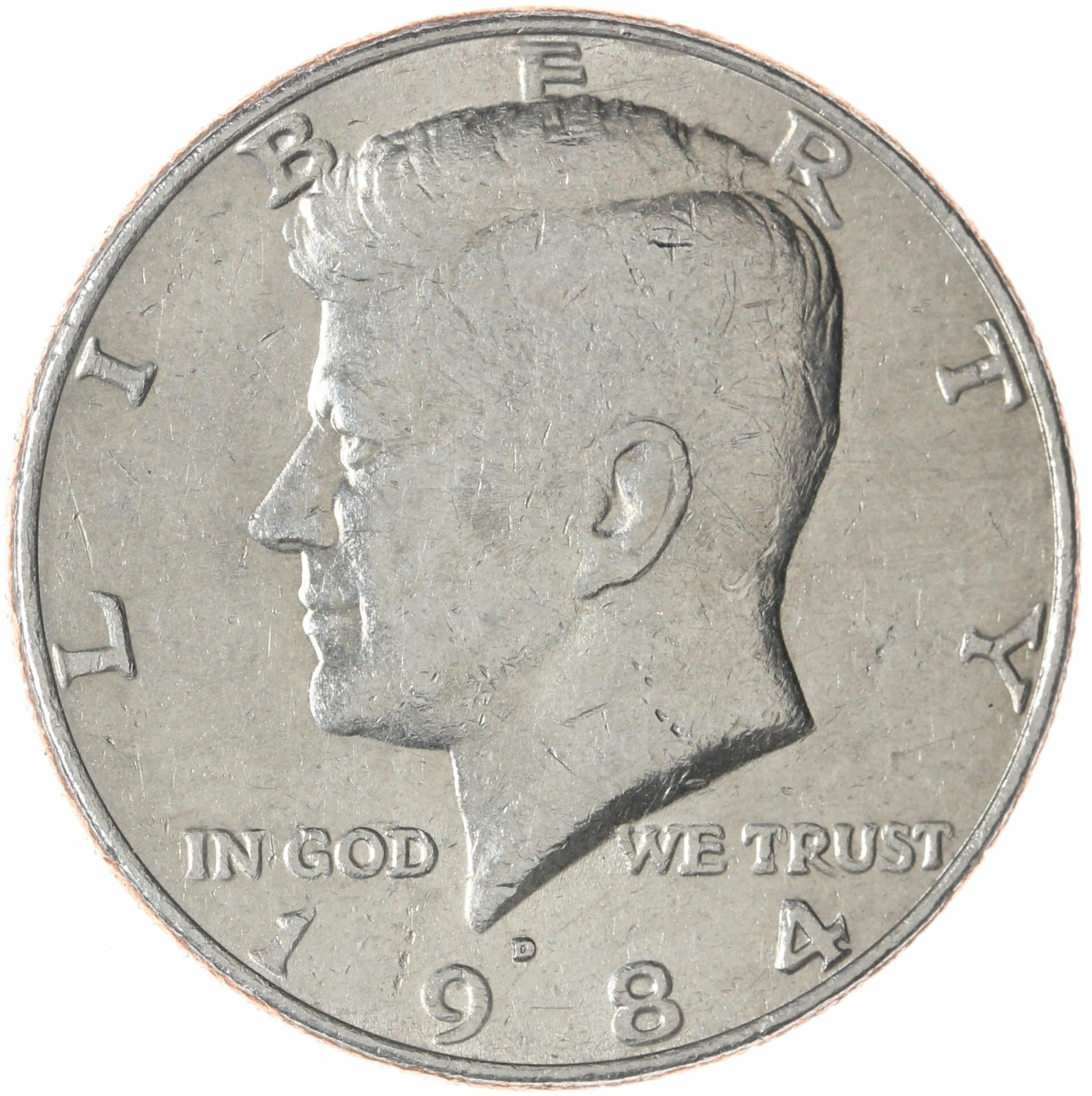 США 50 центов 1/2 доллара, half dollar 1984 D Kennedy Half Dollar Кеннеди знак монетного двора "D" - Денвер, Мельхиор медь-никель, в сохранности VF-XF