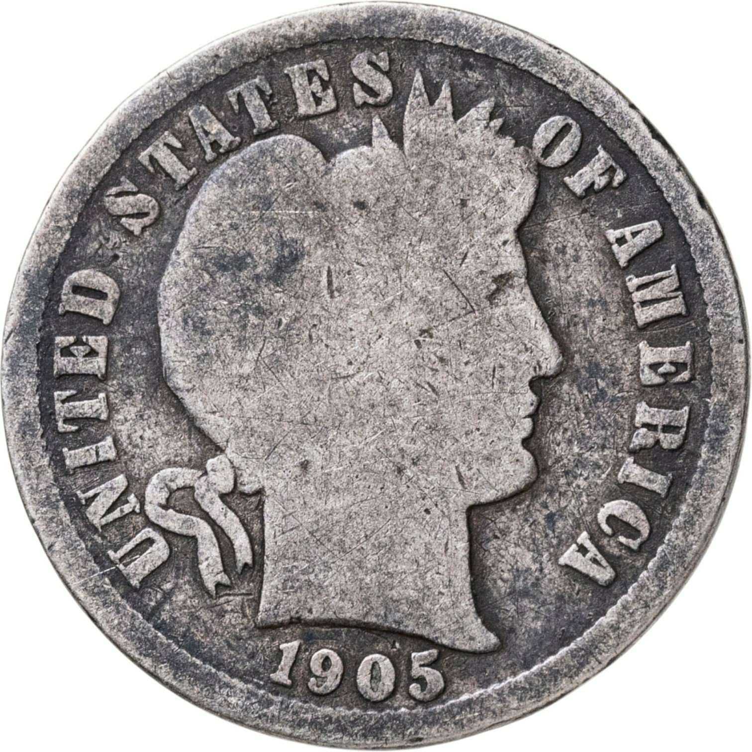 США 10 центов дайм, one dime 1905 S Barber Dime знак монетного двора: "S" - Сан-Франциско, Серебро 900, в сохранности F-VF