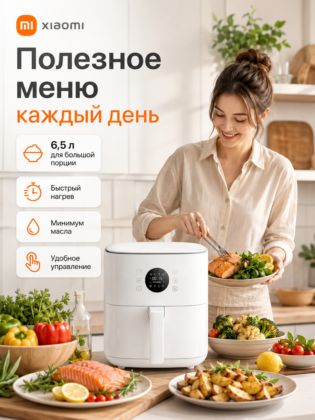 Электрический аэрогриль объёмом 6,5 л для приготовления блюд с минимальным количеством масла дома