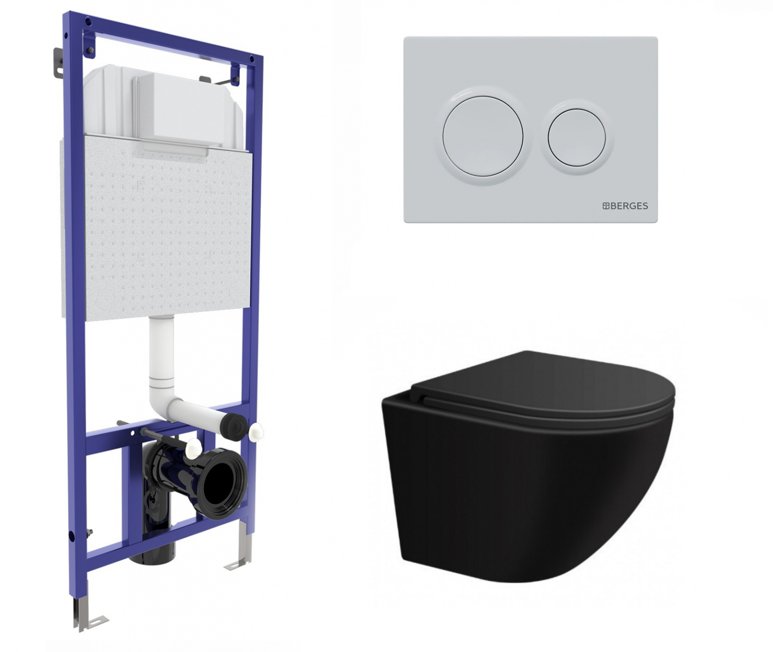 Комплект 3 в 1 инсталляция Berges Novum O4 + Подвесной унитаз SinteSi EVI черный с кнопкой белой