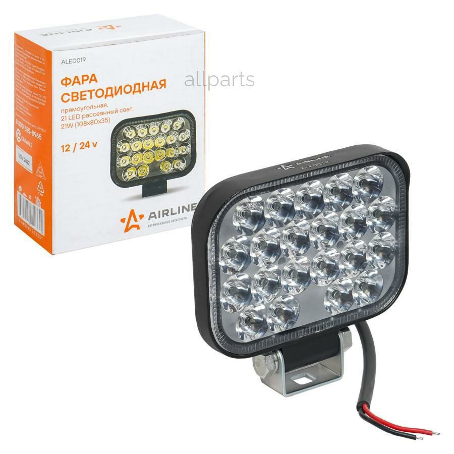 AIRLINE ALED019 Фара светодиодная прямоугольная 21LED, направленный свет, 21Вт, 108х80х35мм, 12/24В AIRLINE ALED019