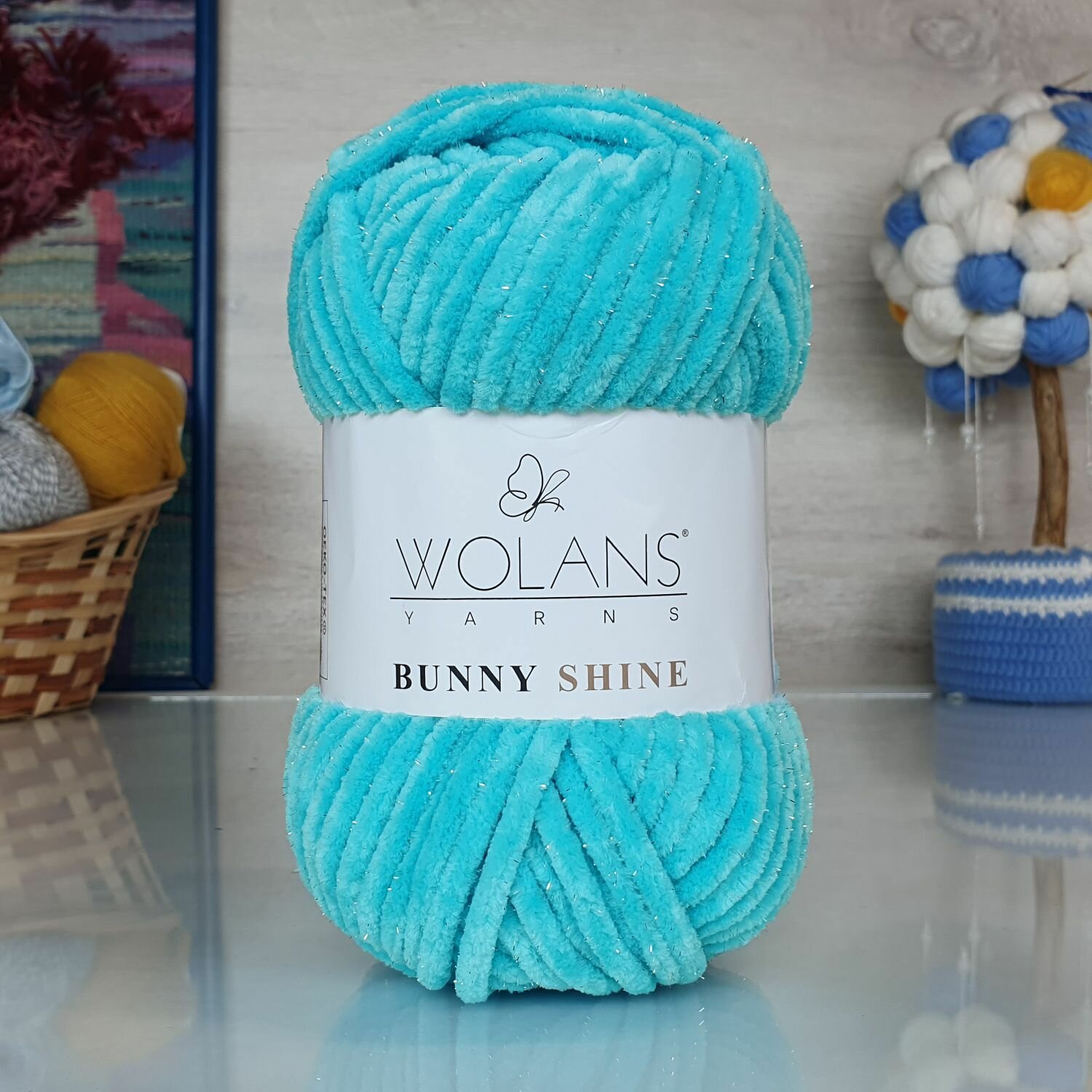Пряжа BUNNY SHINE WOLANS, зел. бирюза - 13, 92% супермягкий полиэстер, 8% металлик, 5 мотков, 100 г, 110 м.