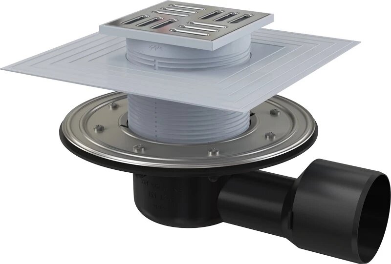 Душевой трап AlcaPlast APV3344 105x105/50/75 мм, с решеткой, перфорированный, хром