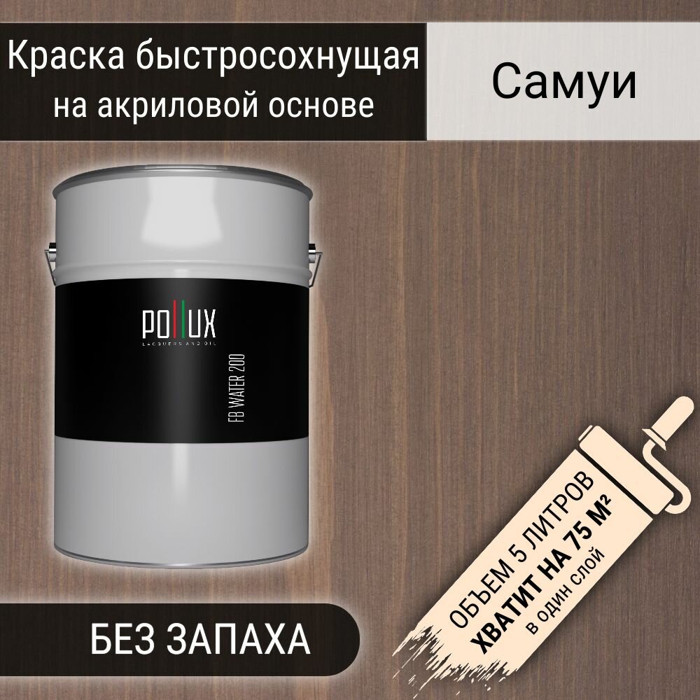 Краска для дерева акриловая водоотталлкивающая быстросохнущая моющаясяPollux FB Water 200 "Самуи" для фасадов/ для наружных и внутренних работ, полуматовая, цвет серо-коричневый, объем 5 литров