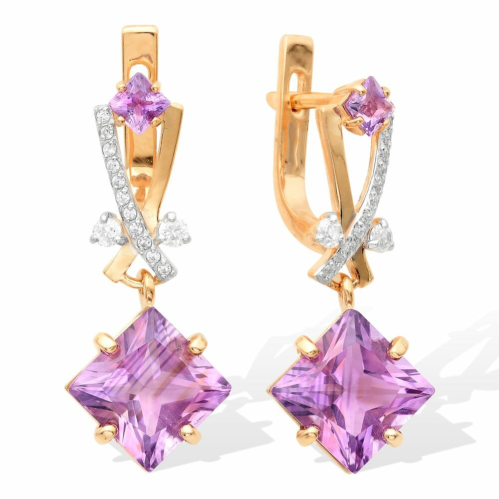 Серьги, красное золото, 585 проба, аметист, фианит