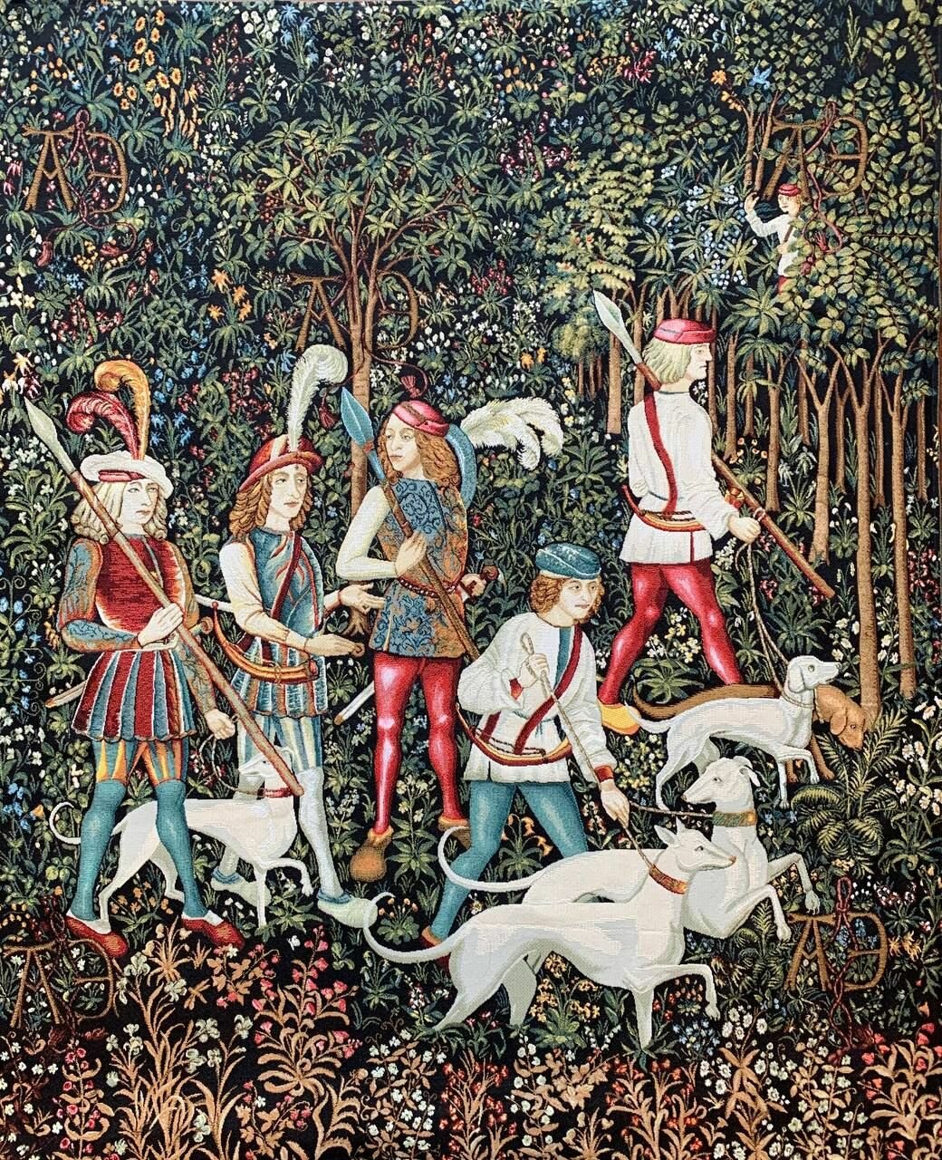 Панно гобеленовое на стену "Охотники", 124х100 см / Гобелен средневековый