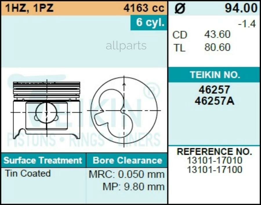 TEIKIN 46257A STD Поршни (к-т 6 шт) STD TOYOTA LAND CRUISER 1HZ 90-94