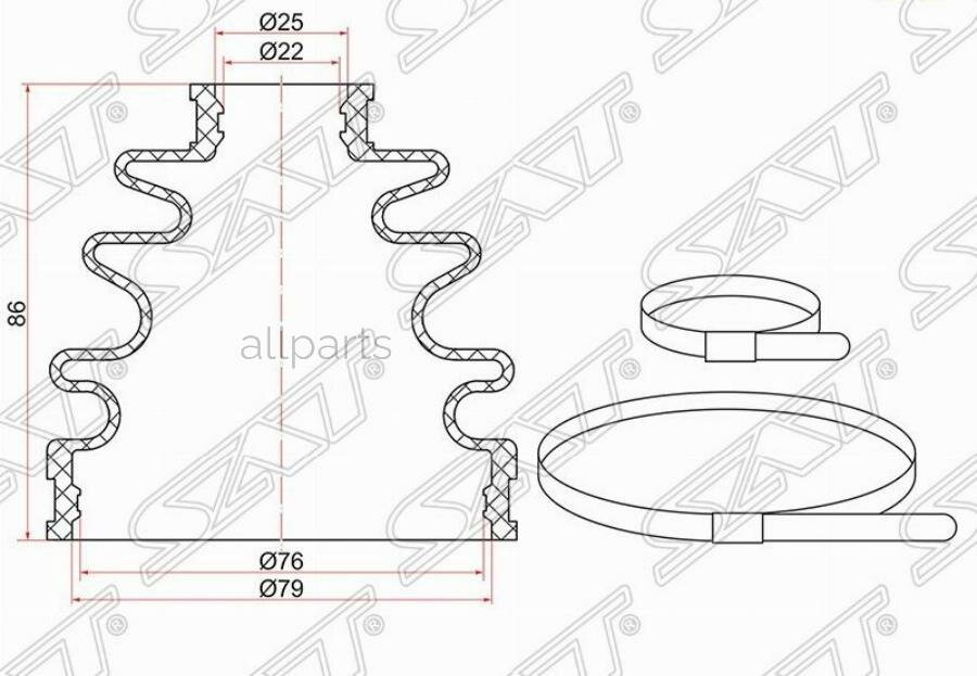 SAT C-1036 Пыльник шруса наружный TOYOTA CAMRY USA/COROLLA/SV50/ALLION/WISH 4WD 1ZZ (2 хомута. резина)