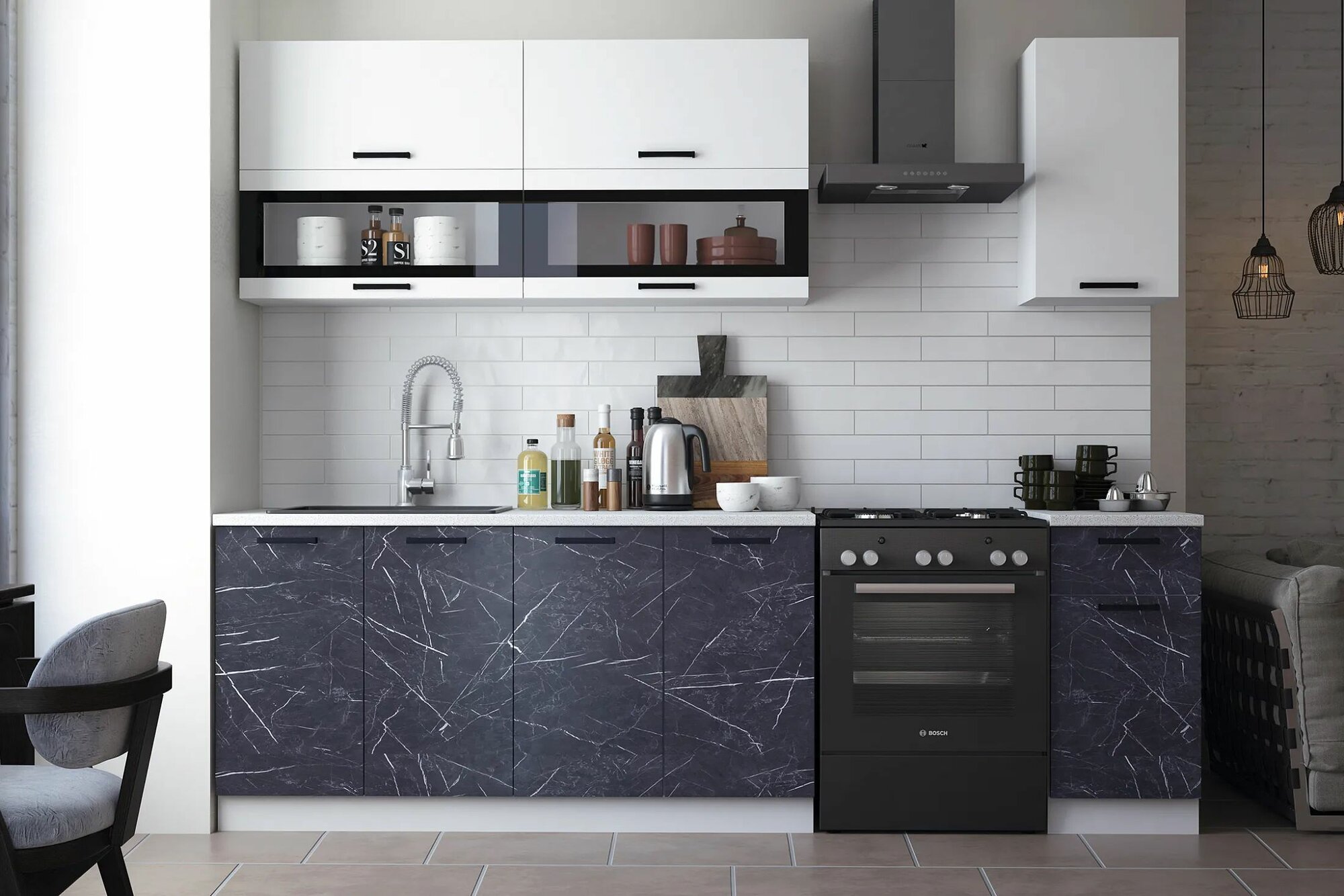 Кухня Техно 2,0 м. Белый глянец холодный, Мрамор темный