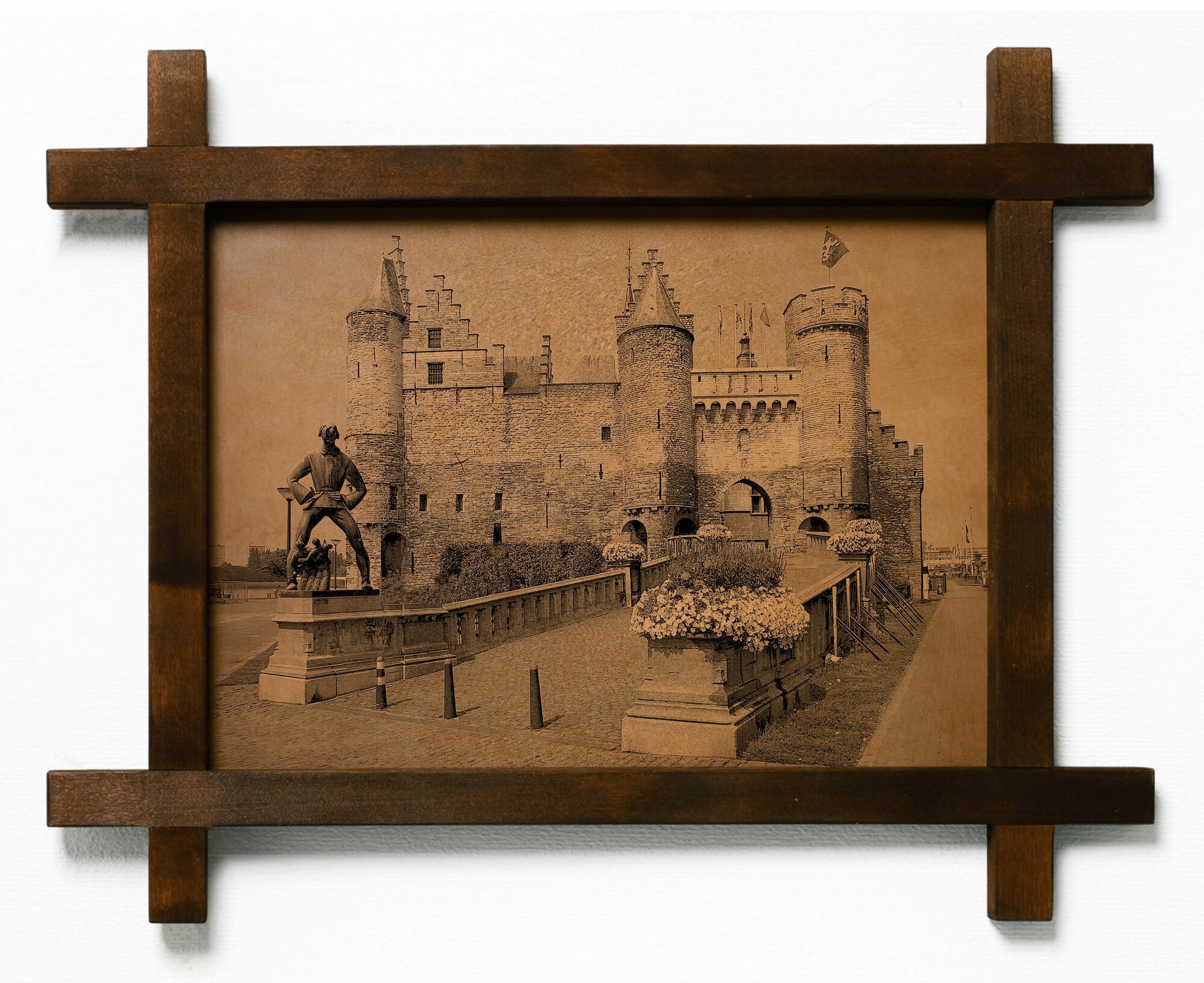 Картина интерьерная, натуральная кожа, "Замок Стен, Бельгия", в деревянной раме, BoomGift