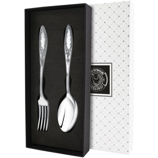 Набор Кольчугинский Мельхиор столовый "Пламя" посереб. с черным 2 пр.(л+в) + футляр КМ0720206