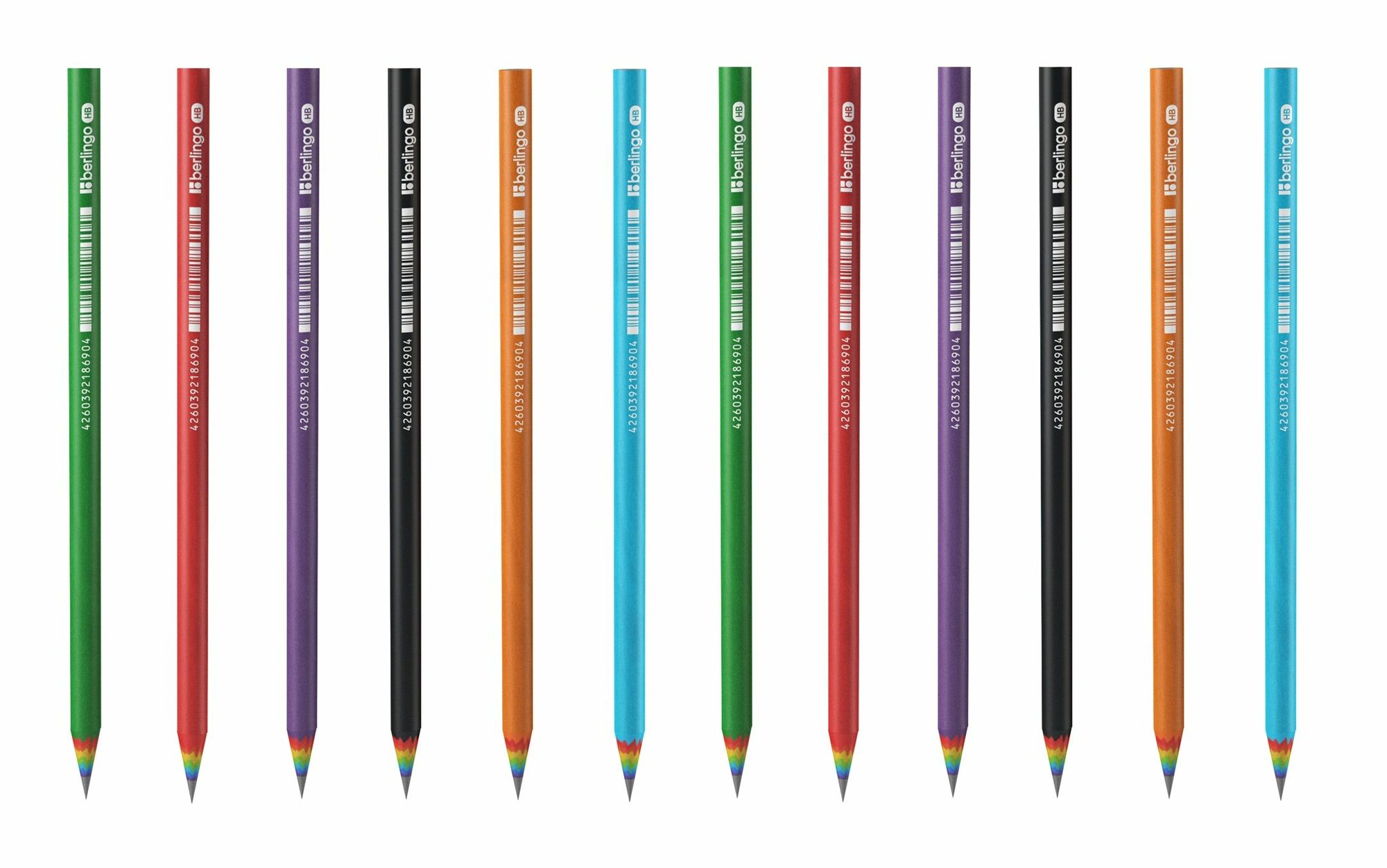 Набор из 12 шт. - Карандаш ч/г Berlingo "Rainbow" HB, из переработанной бумаги, радужное сечение, круглый, заточен, ассорти