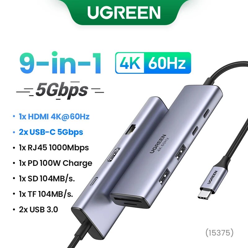 UGREEN 10-портовый USB-C Hub с двойным HDMI 9-in-1 5Gbps