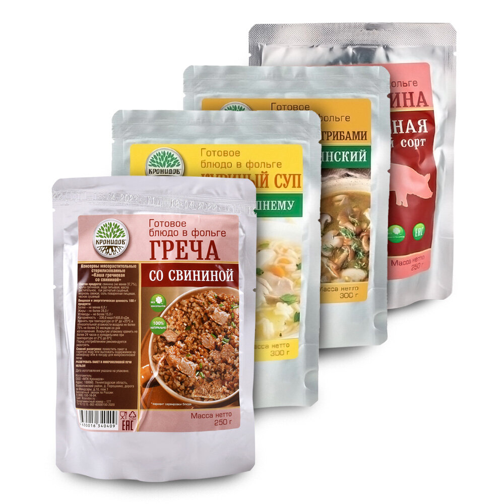 Набор 4шт Готовый обед на два дня: Куриный, Крестьянский - Св. с гречей, Св. тушеная ВС 250 (Кронидов)