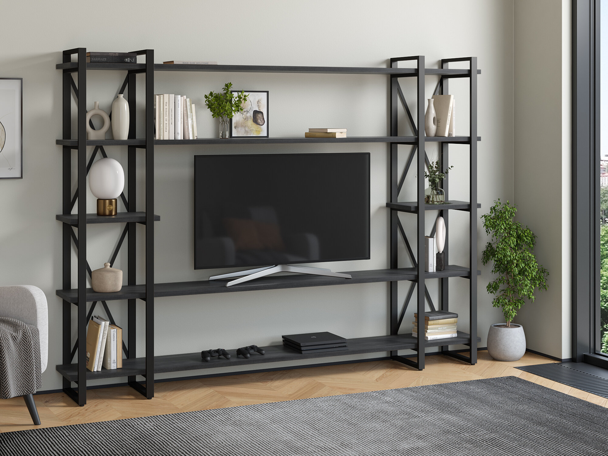 Стеллаж Айсберг Лофт 240х182-4 v4 черный/северное дерево темное