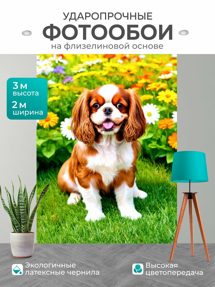 Фотообои моющиеся ударопрочные "Собака кавалер кинг чарльз спаниель, сидящая на лужайке с разными цветами, радостная" 200x300 см. флизелиновые на стену