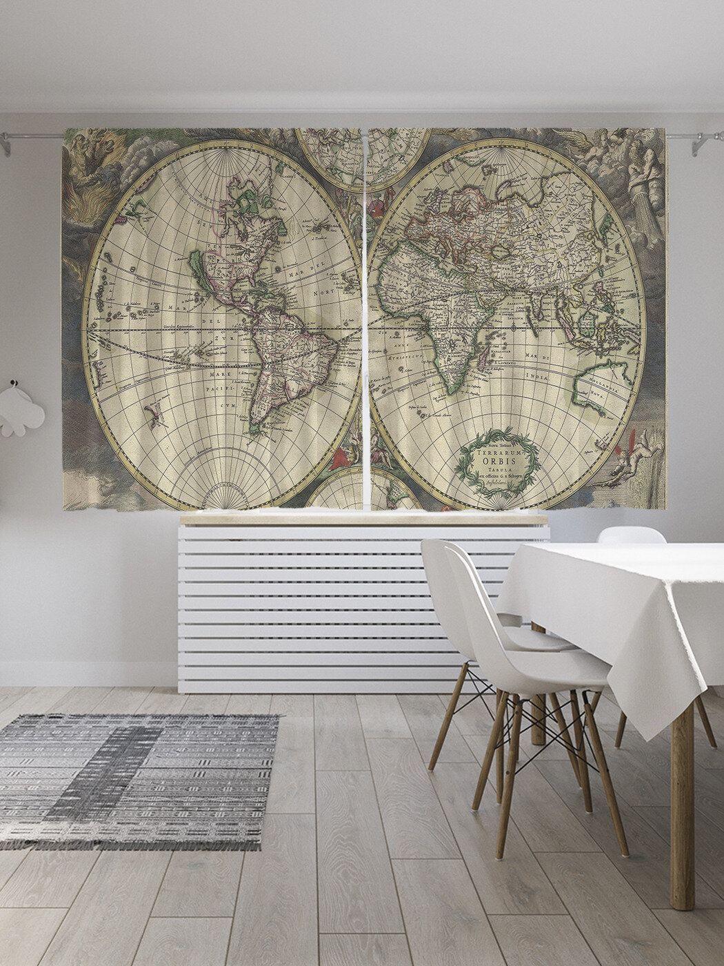 Фотошторы короткие "Развернутая карта мира", 2 полотна шириной по 145 см, высота 180 см, JoyArty