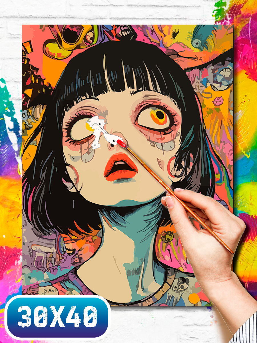 Картина по номерам на холсте Junji Ito Дзюндзи Ито (криповая девушка, creepy art girl, colorful) - 15265 30x40 В