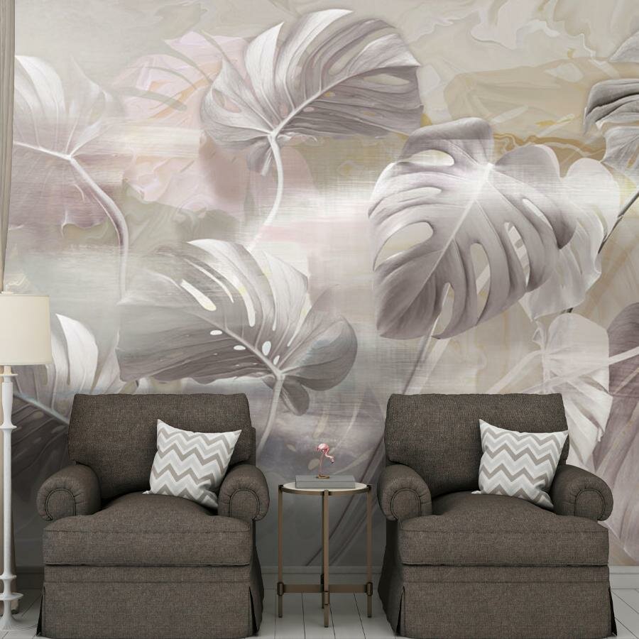 Фотообои Листья монстеры в дымке 13-319-S-Холст 270 x 200 см (ВхШ) Бесшовные, флизелиновые, влагостойкие обои MasterFresok