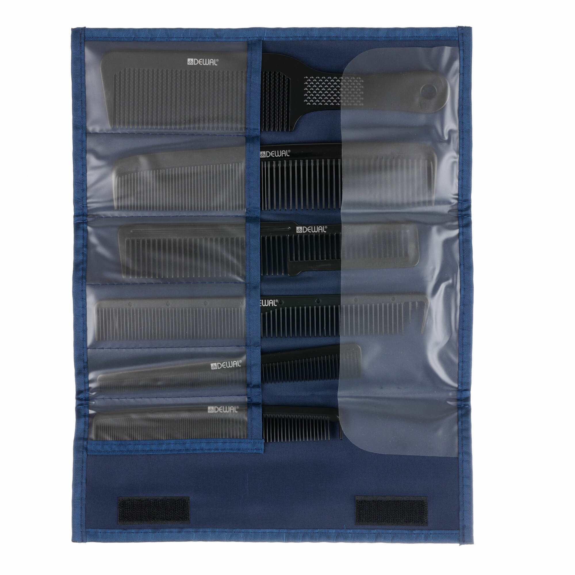 Набор расчесок для волос DEWAL Pro серия BARBER STYLE, 6 шт, в джинсовом чехле, черные