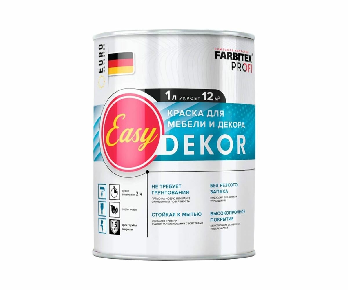 Краска Farbitex Profi EasyDekor акриловая, для мебели и декора, 1 л