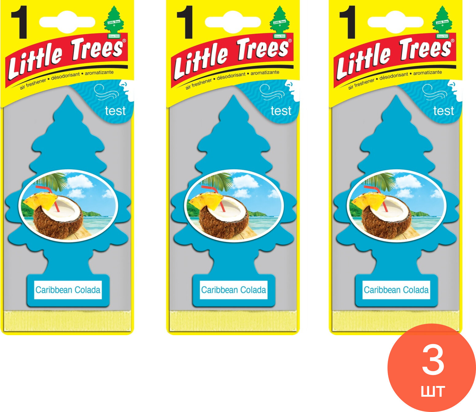 Ароматизатор автомобильный Little Trees / Литтл Трис Ёлочка Caribbean Colada подвесной, карибский коктейль / автотовары (комплект из 3 шт)