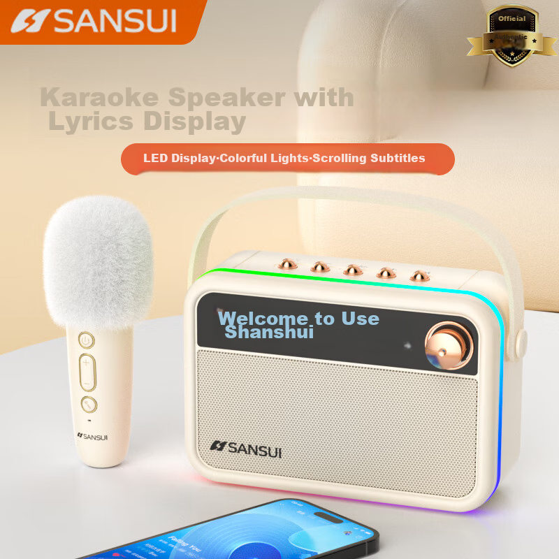 Комплект караоке SANSUI V3 Single Microphone + Plush Cover из портитивной колонки и микрофона, beige