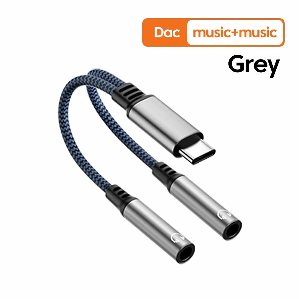 USB/Type C на двойной разъем 3,5 мм, аудиокабель, ЦАП 2-в-1, музыкальный голосовой микрофон, разветвитель, кабель, провод, преобразователь управления Grey 2Music