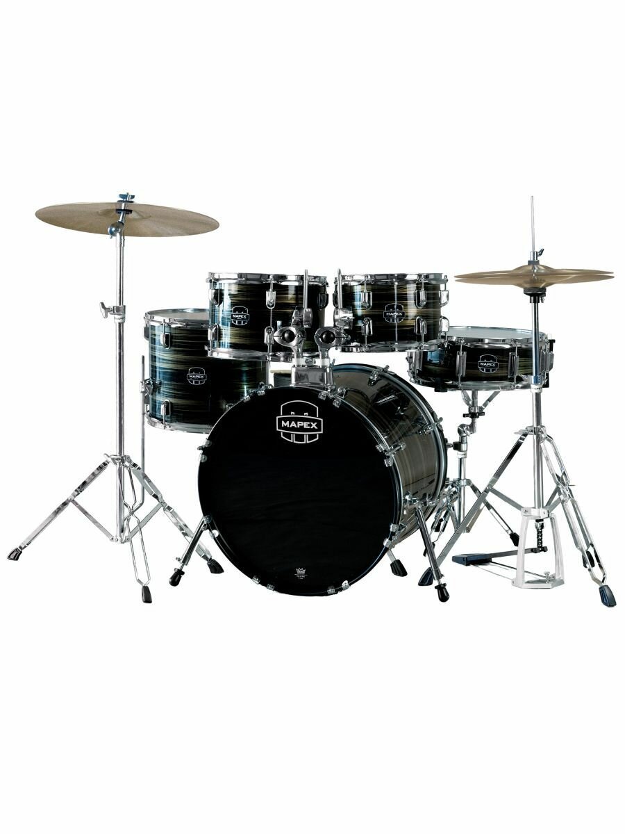 Mapex CM5844FTCFJ Ударная установка из 5-ти барабанов Junior, Comet series: BD1816, TT1007, TT1208, FT1412, SD1450, педаль P250, стойки: H250, C250, S250S, стул T400S, тарелки 14" HIHAT + 16"CRASH, цвет Ebony Yellow Grain