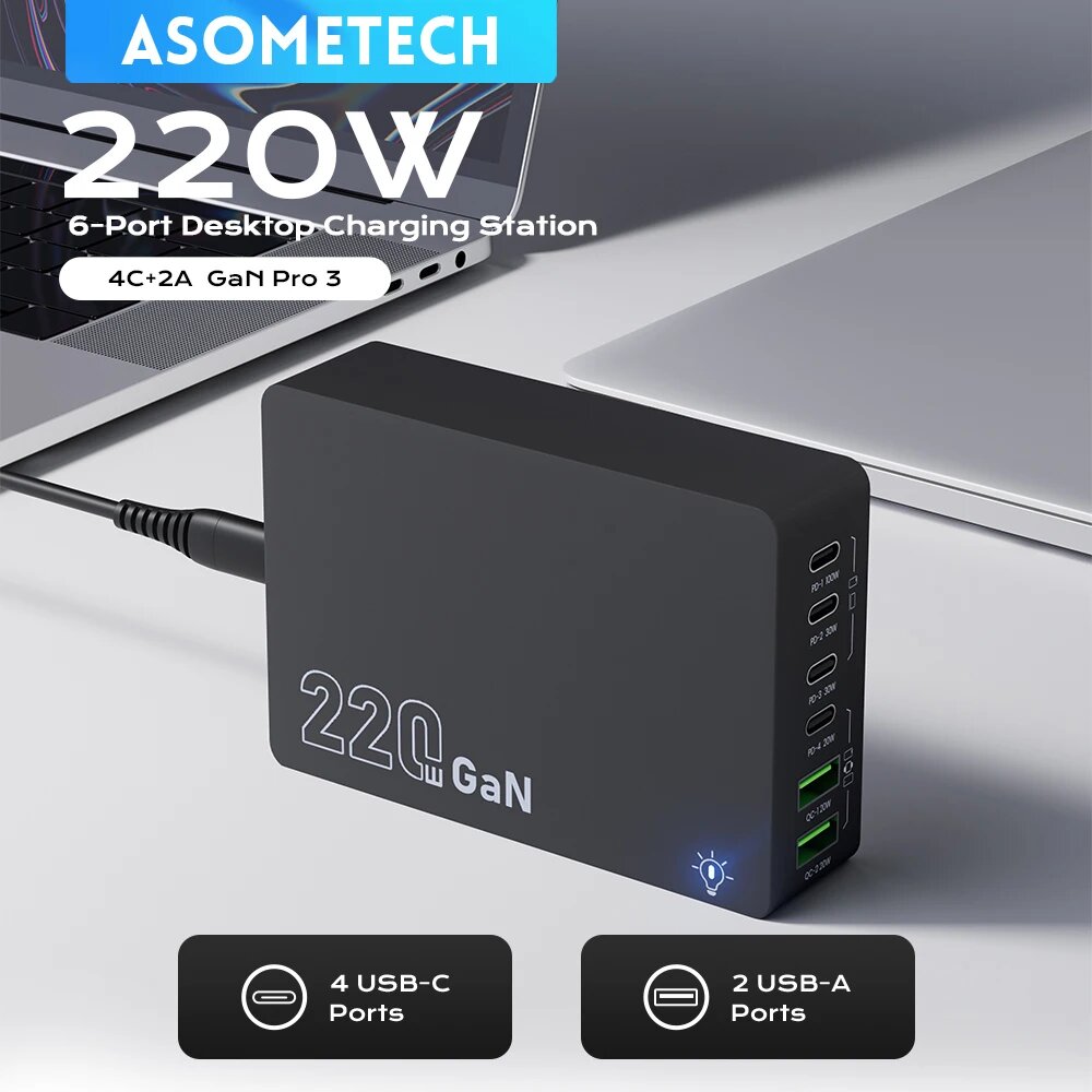 Настольное Зарядное Устройство GaN 220 Вт, 6 Портов USB Type-C PD 100 Вт QC 3.0, Станция EU Plug