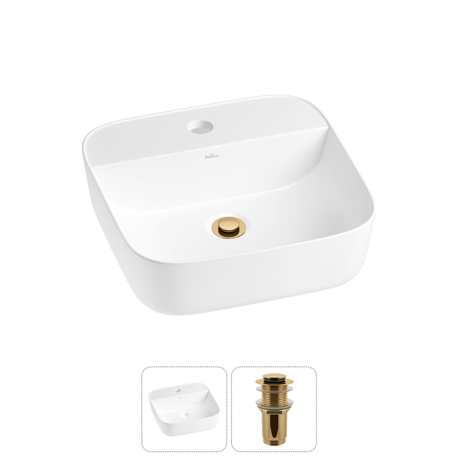 Накладная раковина в ванную комнату Wellsee Preen 20214289R в наборе 2 в 1: раковина 40 см в цвете белый глянец, донный клапан в цвете золото