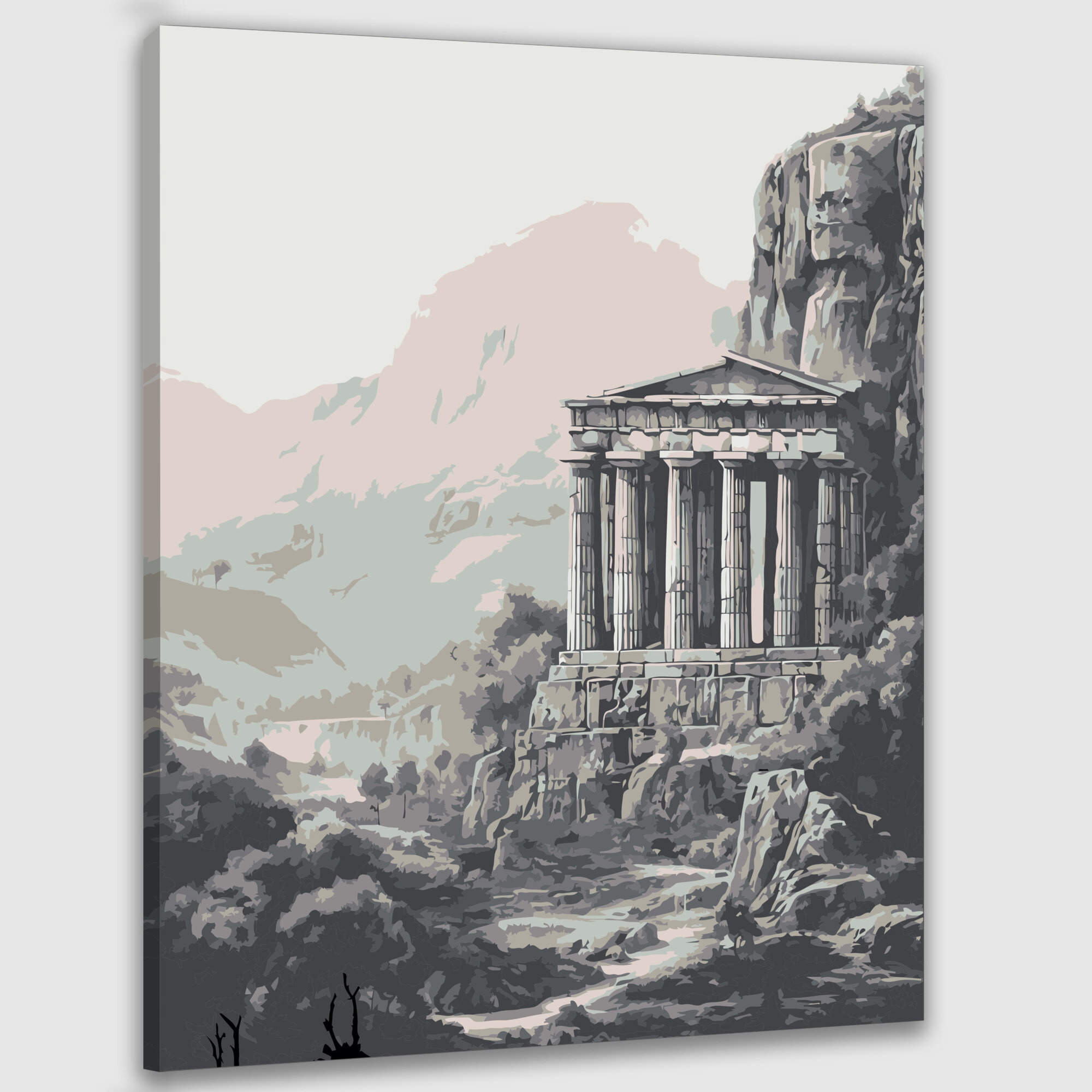 Картина по номерам 40x50 см, набросок, уголь, храм Аполлона, Дельфы, дорические колонны, горы, зелень, свет, тень
