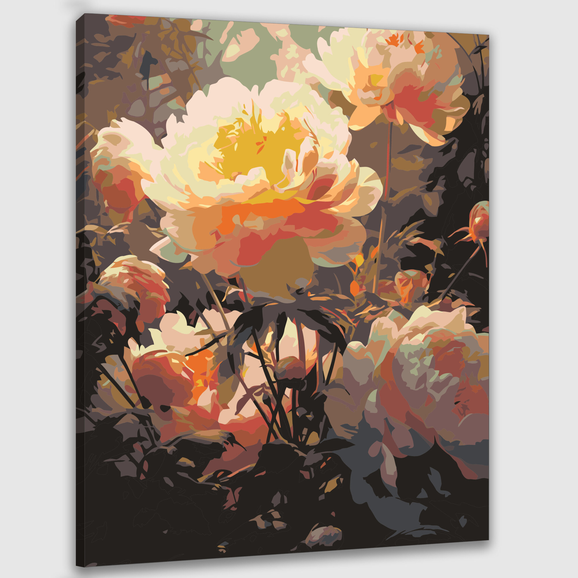 Картина по номерам 40x50 см, пионы, сад, солнечный свет, лучи солнца, золотистый, нежные лепестки, сияние, теплое